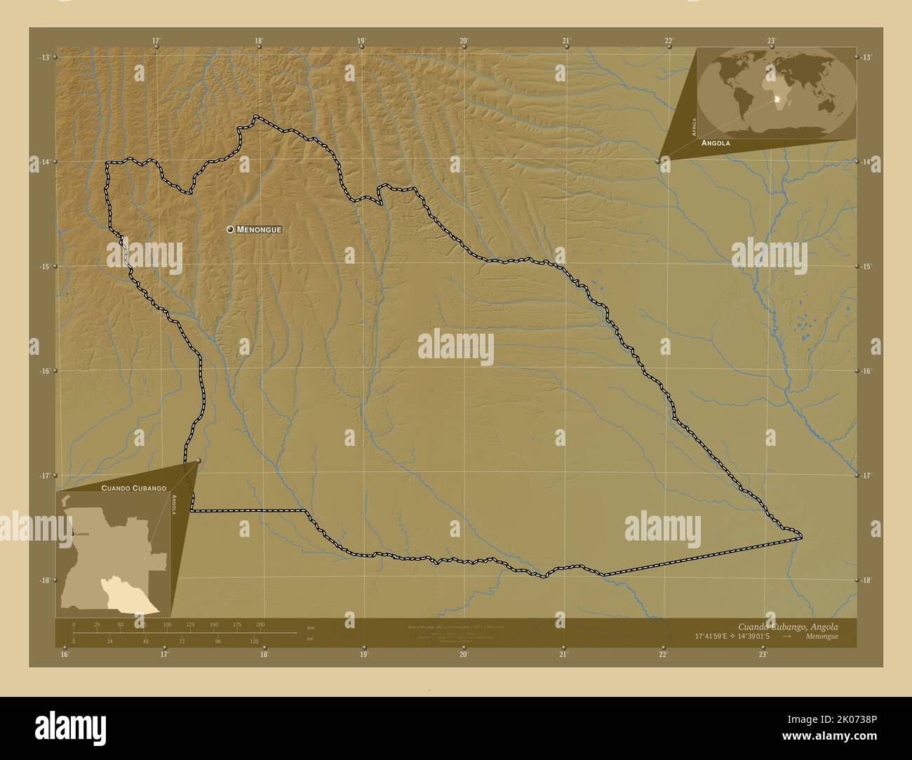Cuando Cubango, province of Angola. Colored elevation map with lakes and rivers. Locations and ...