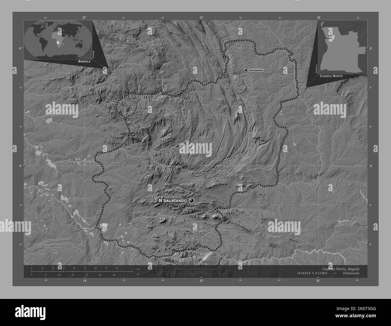 Cuanza Norte, province of Angola. Bilevel elevation map with lakes and ...