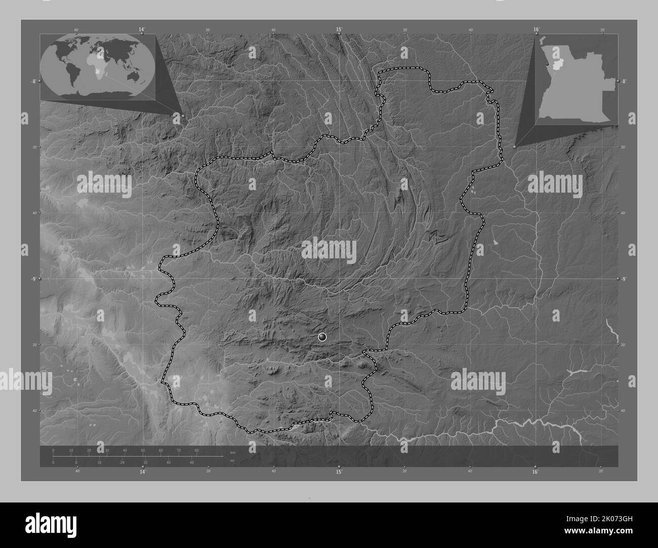 Cuanza Norte, province of Angola. Grayscale elevation map with lakes ...