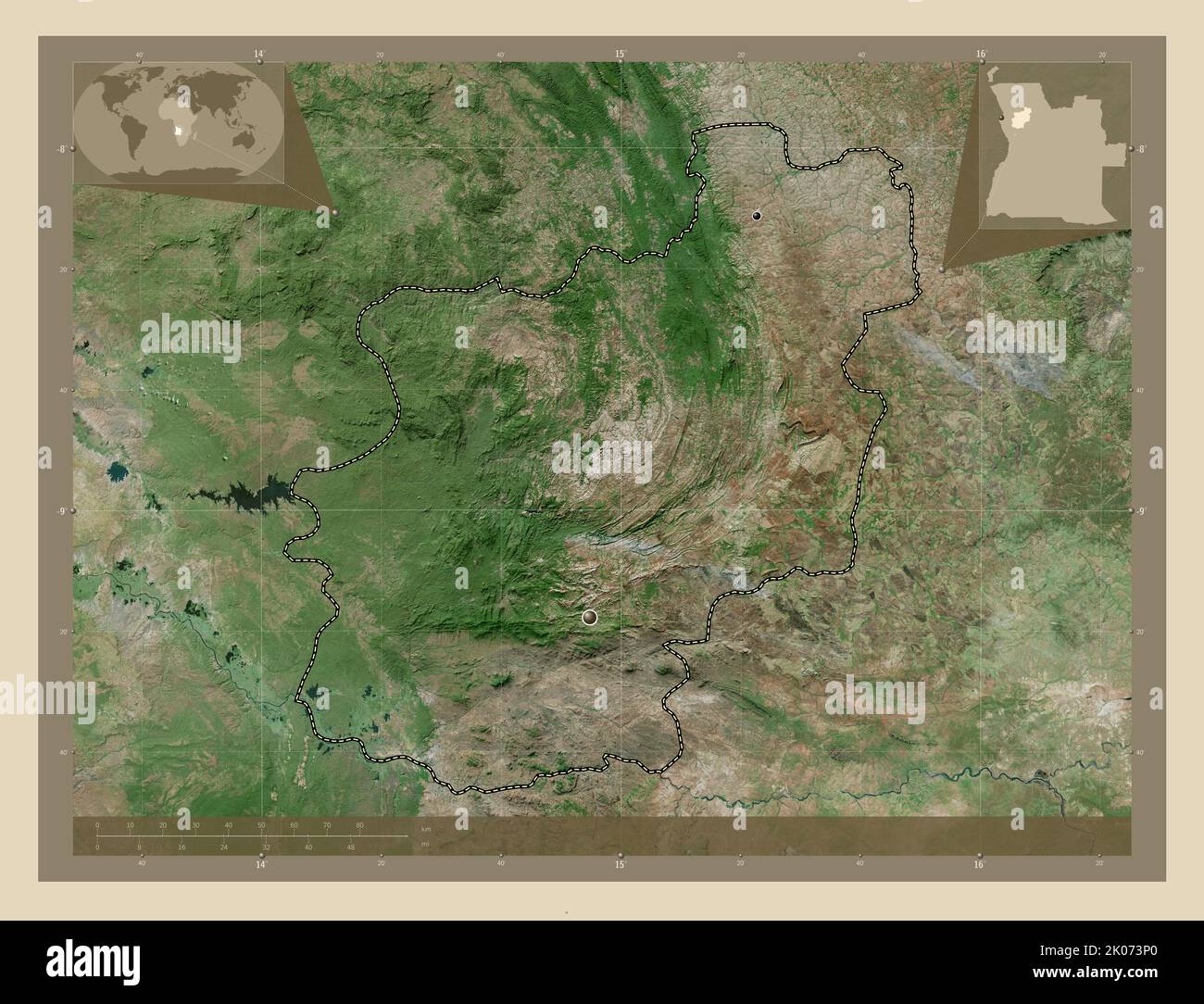 Cuanza Norte, province of Angola. High resolution satellite map. Locations of major cities of ...