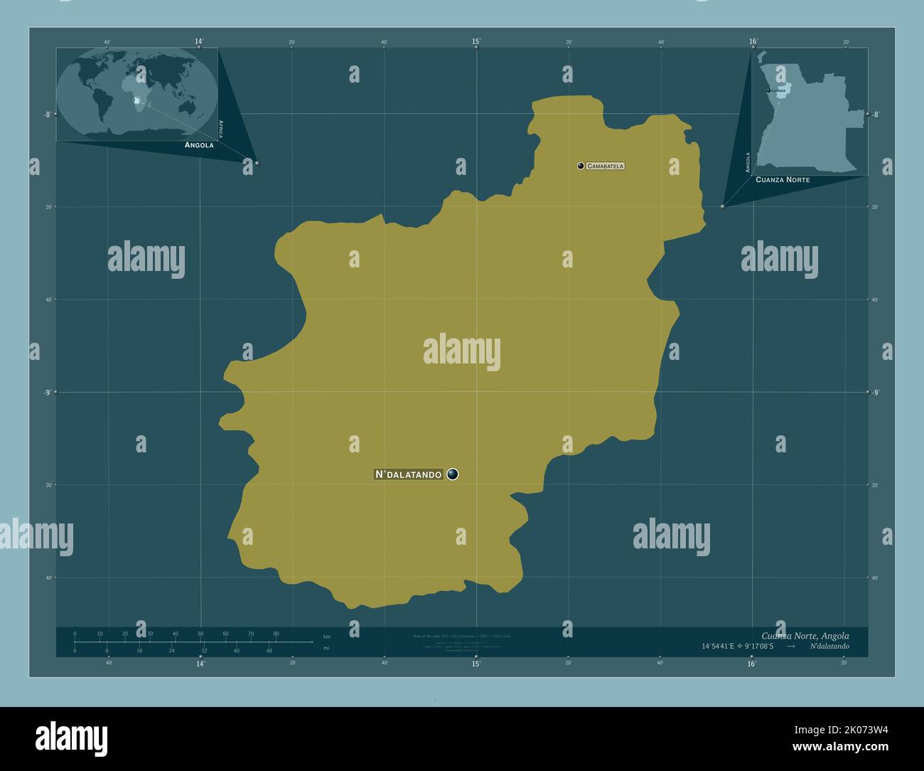 Cuanza Norte, province of Angola. Solid color shape. Locations and ...
