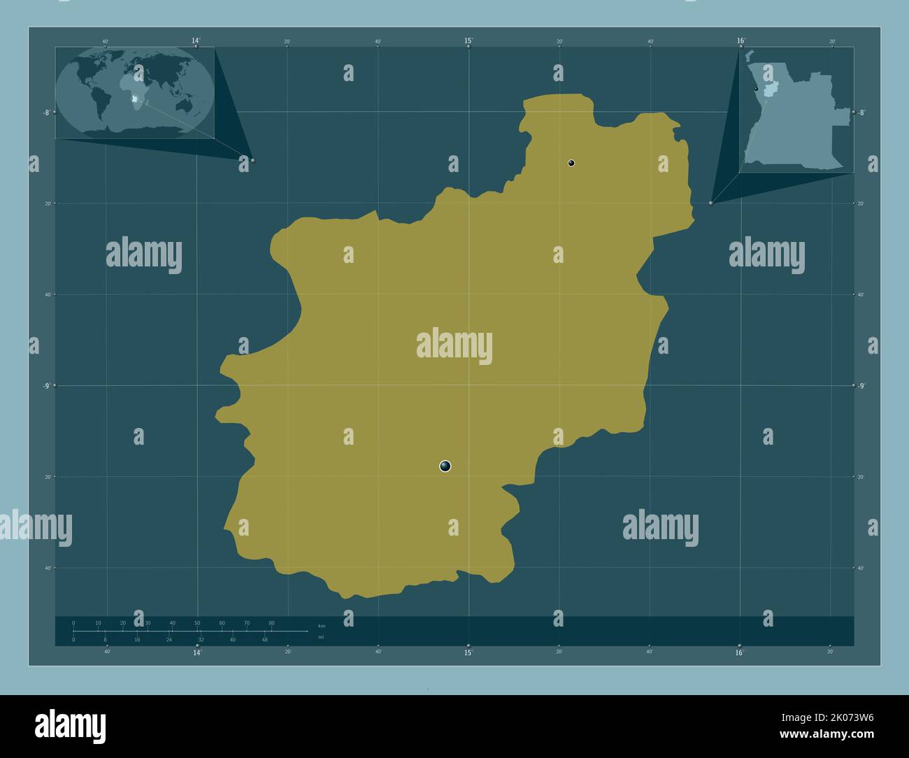 Cuanza Norte, province of Angola. Solid color shape. Locations of major ...