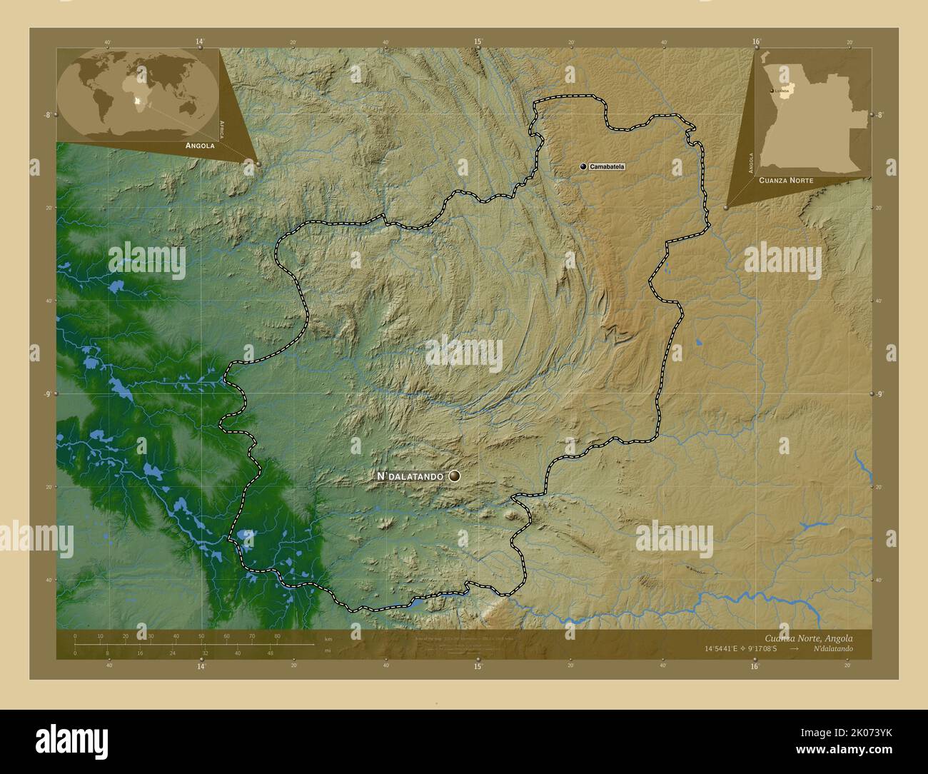 Cuanza Norte, province of Angola. Colored elevation map with lakes and rivers. Locations and ...