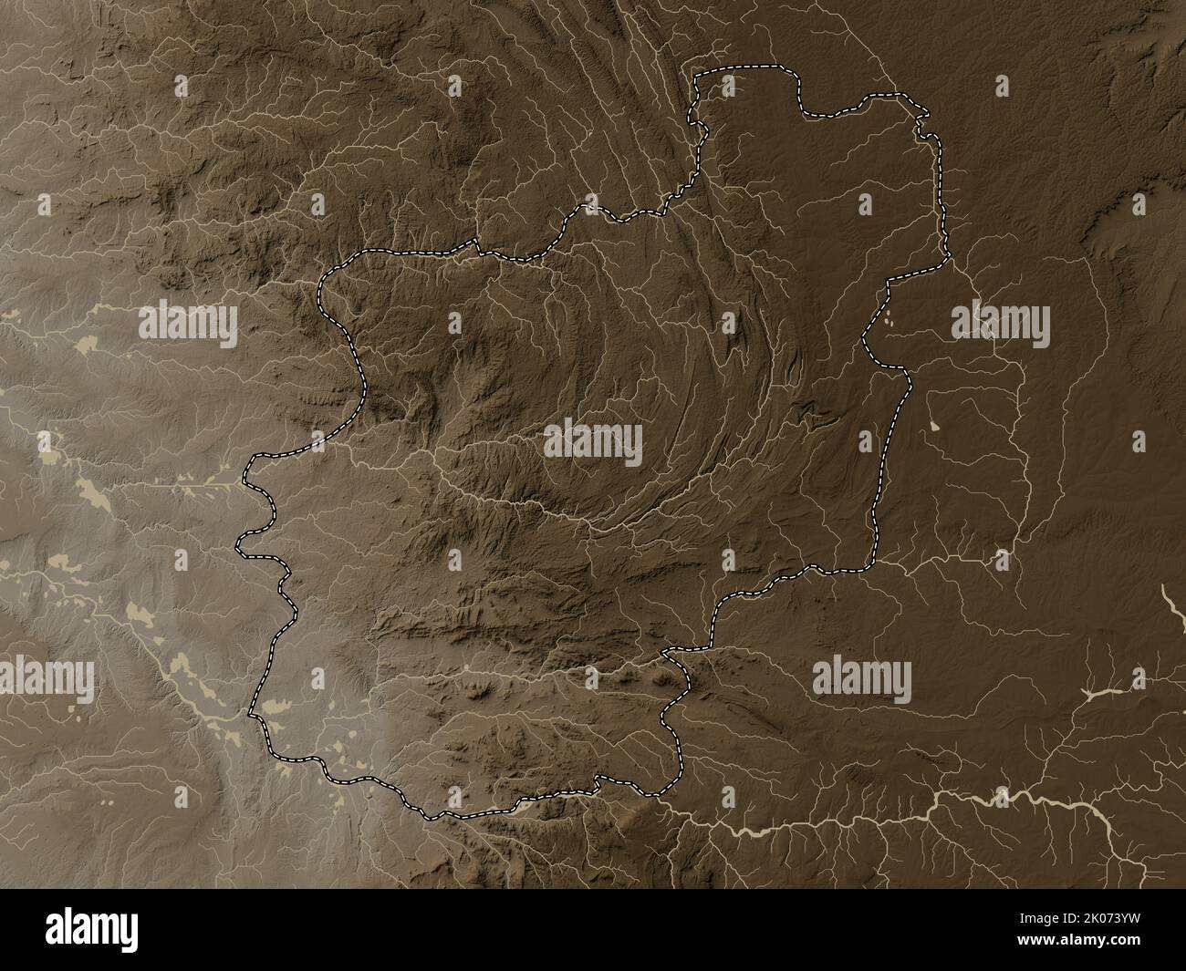 Cuanza Norte, province of Angola. Elevation map colored in sepia tones with lakes and rivers ...