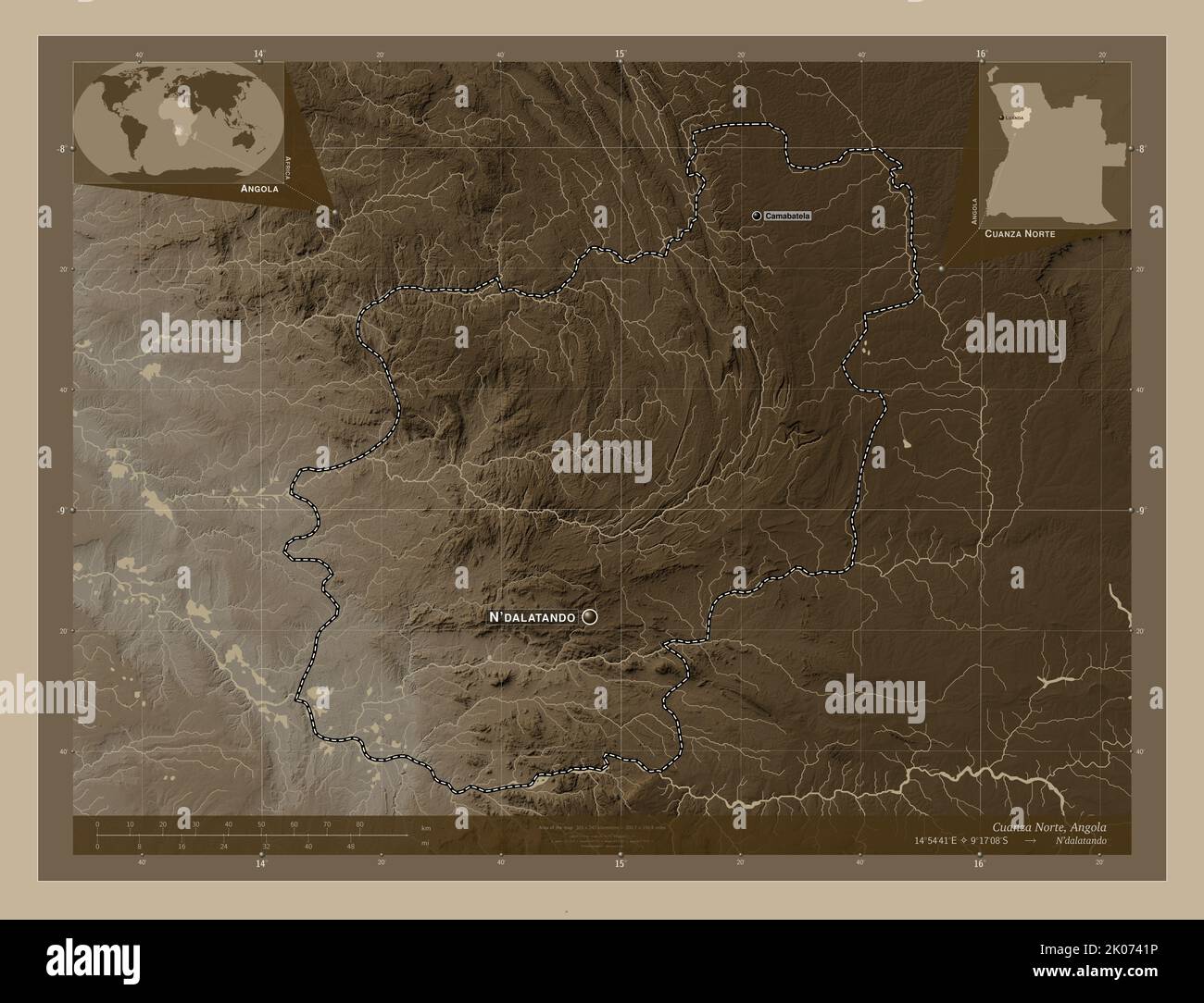 Cuanza Norte, province of Angola. Elevation map colored in sepia tones ...