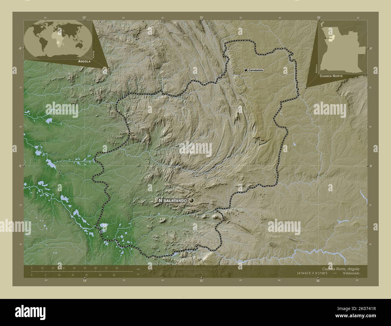 Cuanza Norte, province of Angola. Elevation map colored in wiki style with lakes and rivers ...