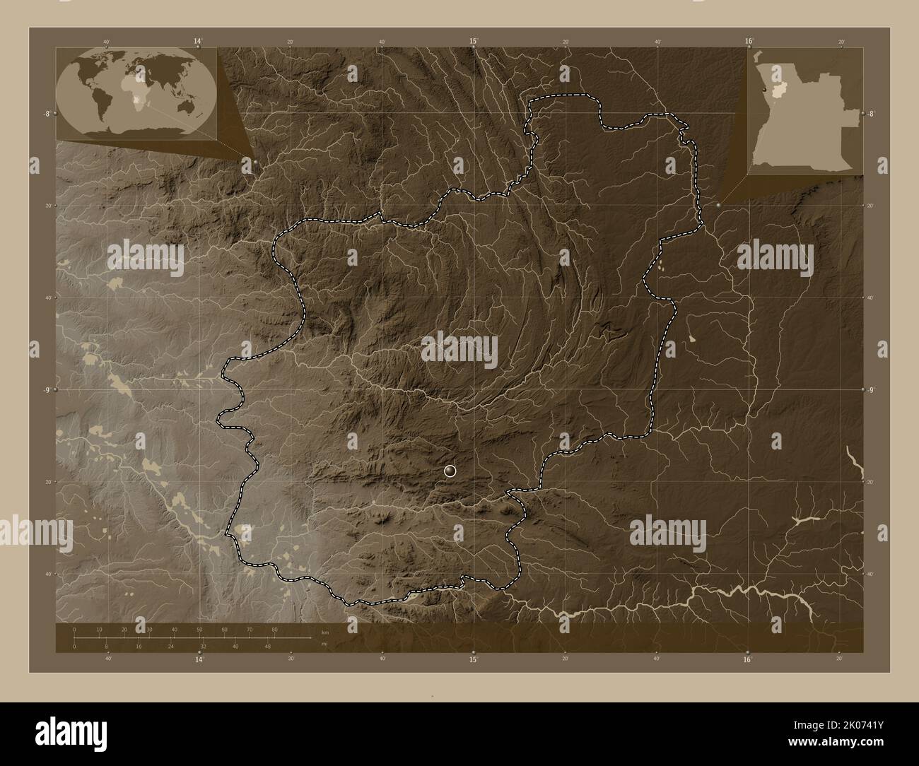 Cuanza Norte, province of Angola. Elevation map colored in sepia tones with lakes and rivers ...