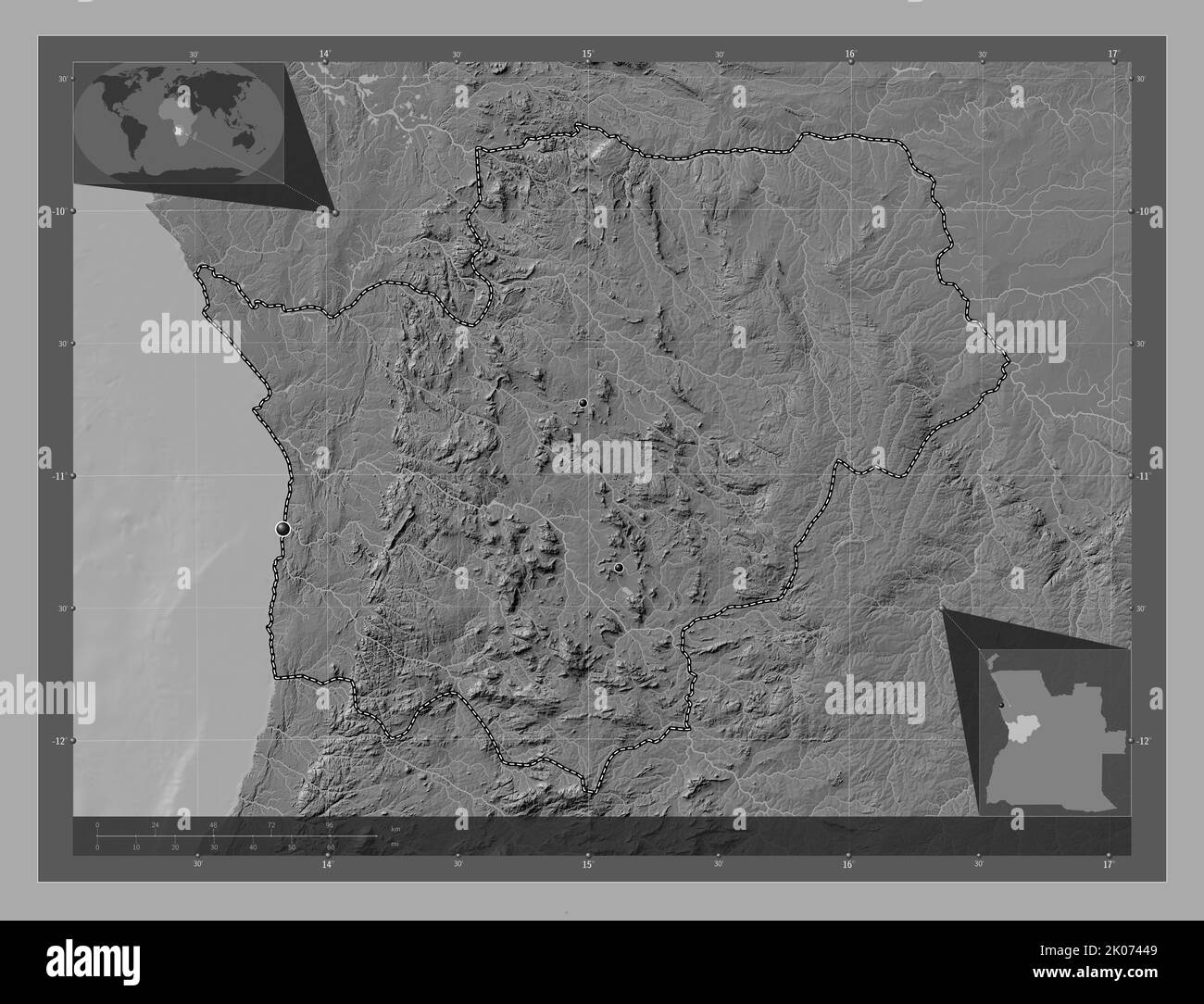 Cuanza Sul, province of Angola. Bilevel elevation map with lakes and rivers. Locations of major ...