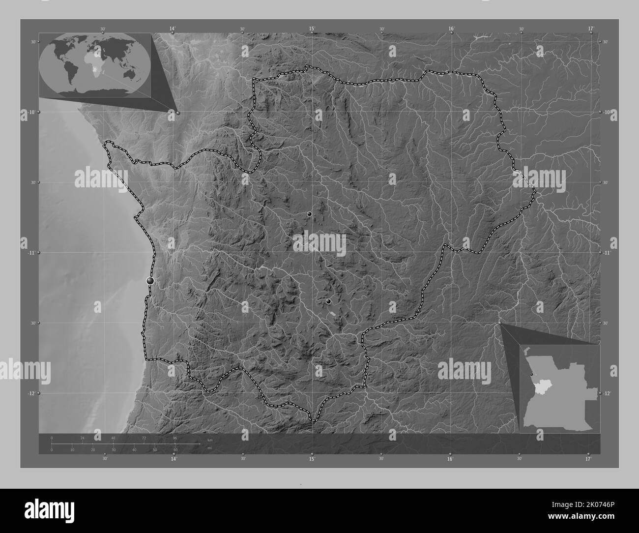 Cuanza Sul, province of Angola. Grayscale elevation map with lakes and rivers. Locations of ...