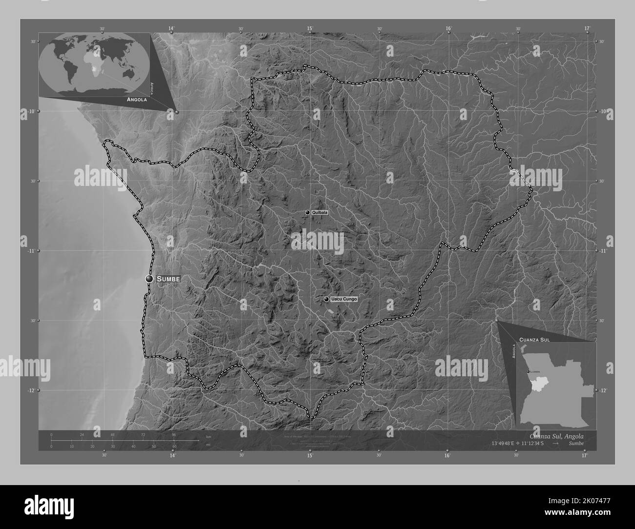 Cuanza Sul, province of Angola. Grayscale elevation map with lakes and rivers. Locations and ...