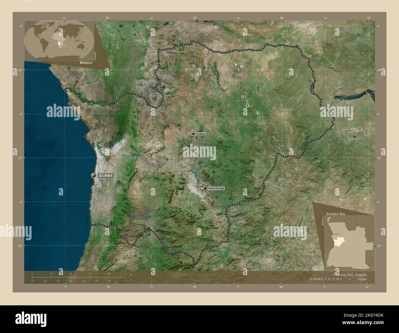 Cuanza Sul, province of Angola. High resolution satellite map. Locations and names of major ...