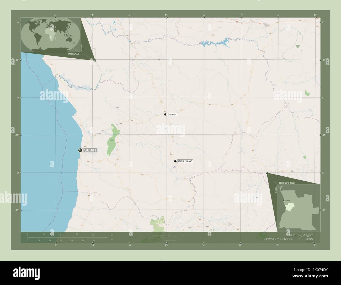 Cuanza Sul, province of Angola. Open Street Map. Locations and names of major cities of the ...