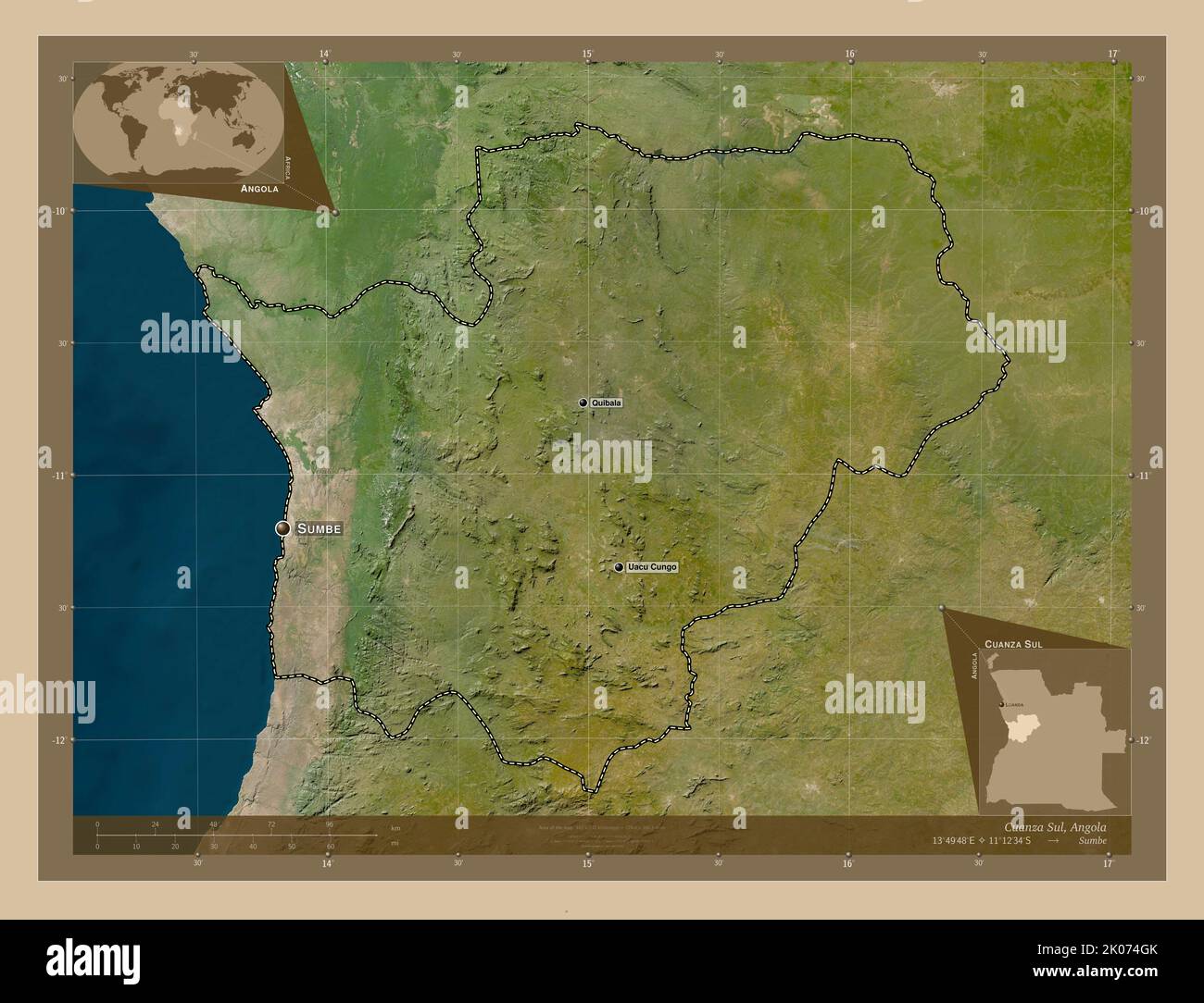 Cuanza Sul, province of Angola. Low resolution satellite map. Locations ...