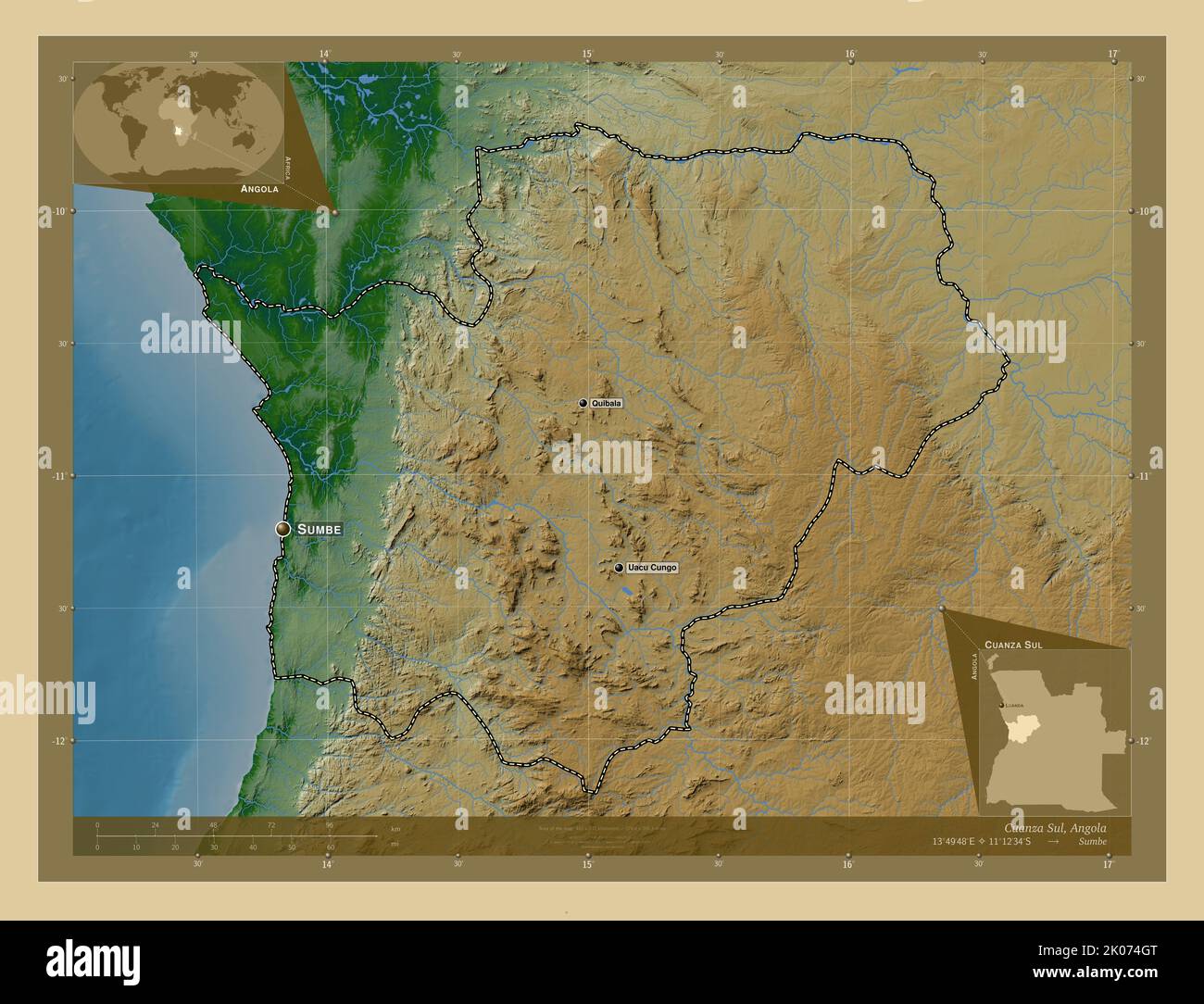 Cuanza Sul, province of Angola. Colored elevation map with lakes and rivers. Locations and names ...