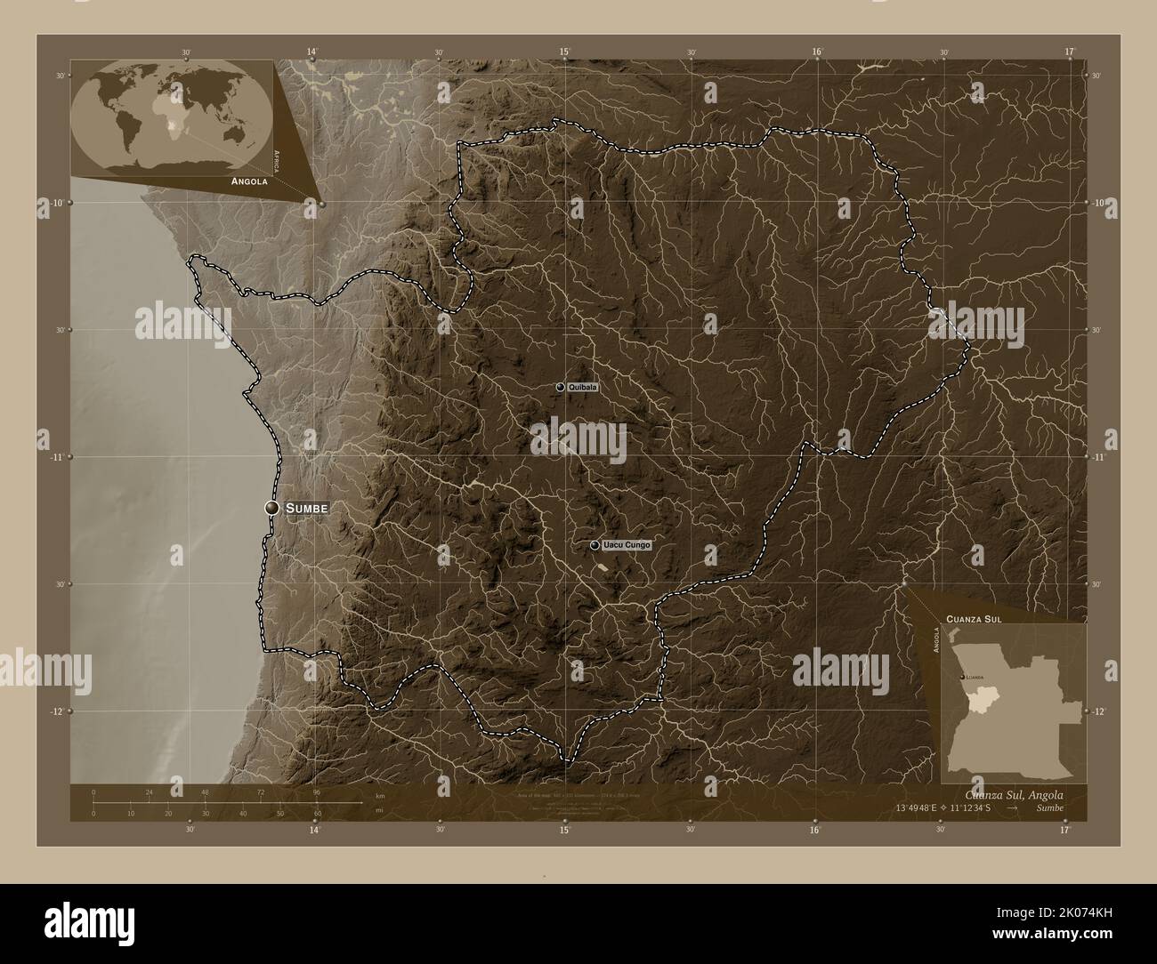 Cuanza Sul, province of Angola. Elevation map colored in sepia tones with lakes and rivers ...