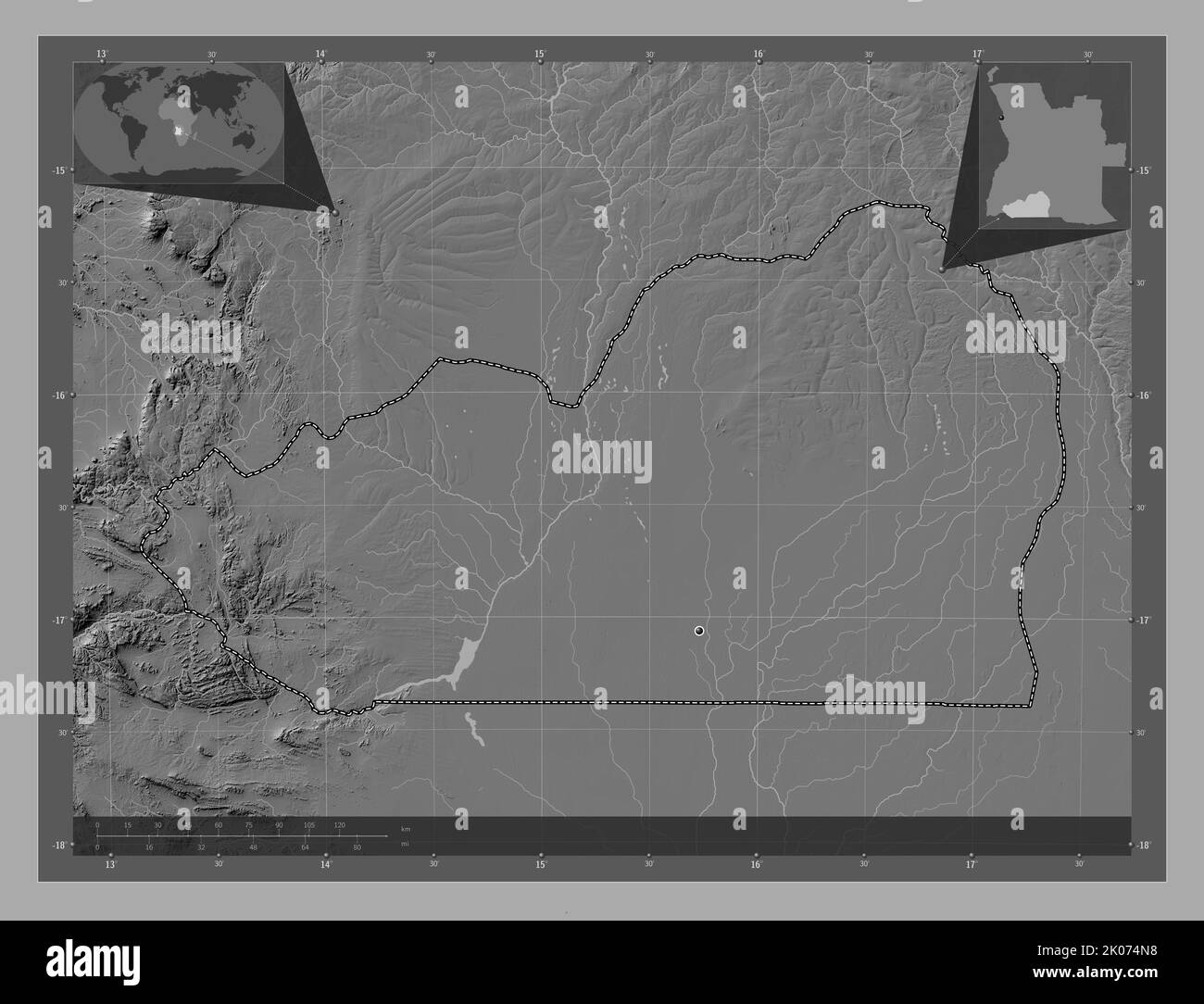 Cunene, province of Angola. Bilevel elevation map with lakes and rivers ...