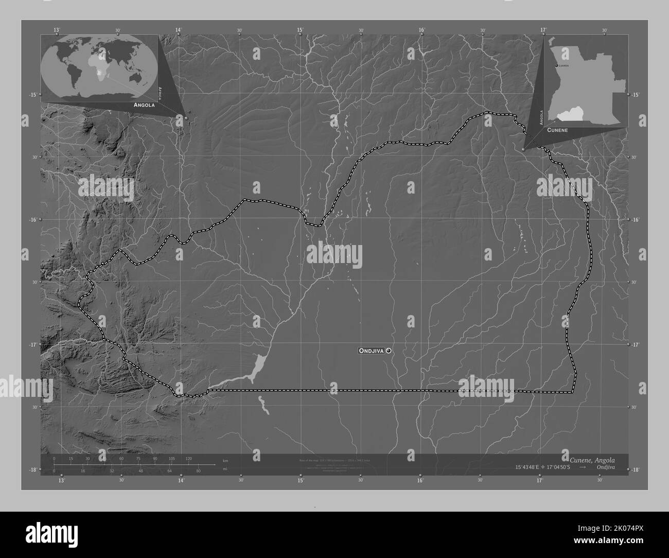 Cunene, province of Angola. Grayscale elevation map with lakes and ...