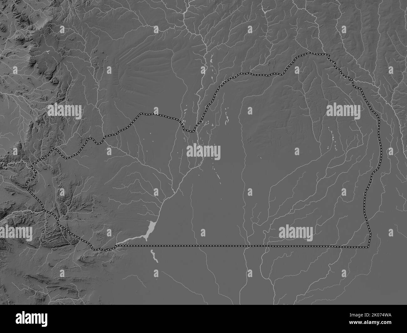Cunene, province of Angola. Grayscale elevation map with lakes and ...