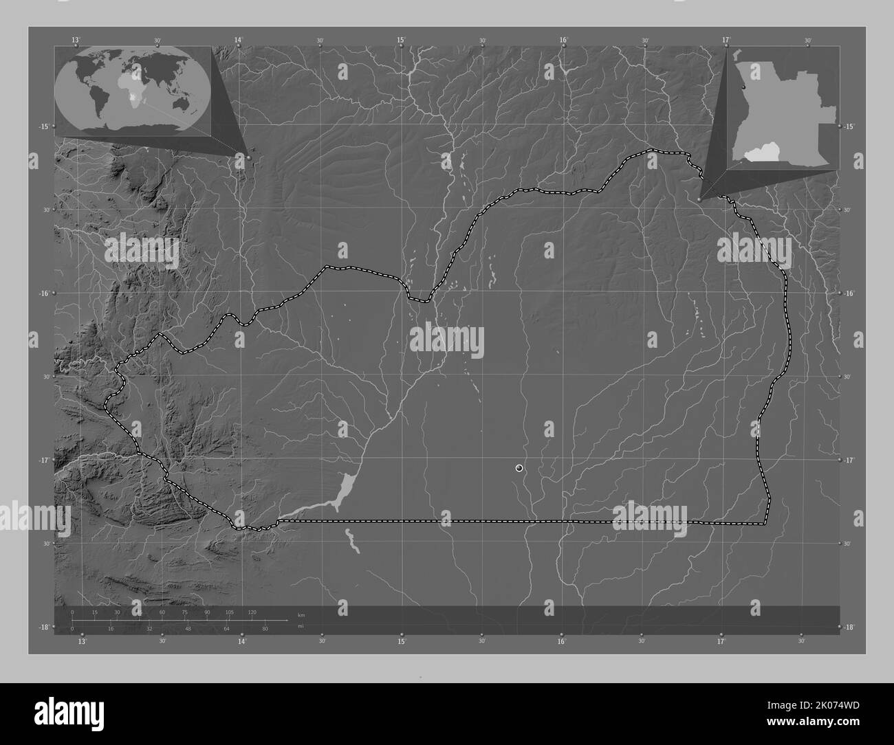 Cunene, province of Angola. Grayscale elevation map with lakes and ...