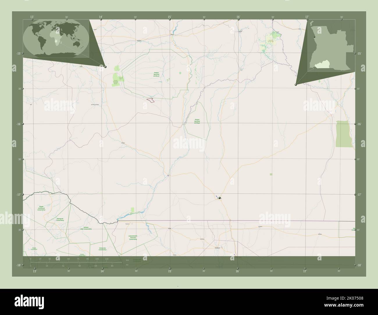 Cunene, province of Angola. Open Street Map. Locations of major cities ...