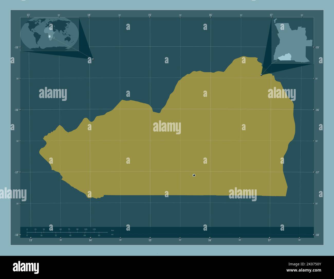 Cunene, province of Angola. Solid color shape. Locations of major ...