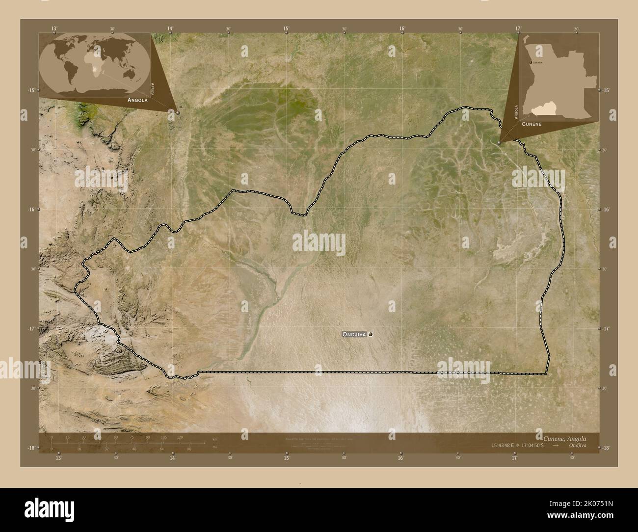 Cunene, province of Angola. Low resolution satellite map. Locations and ...