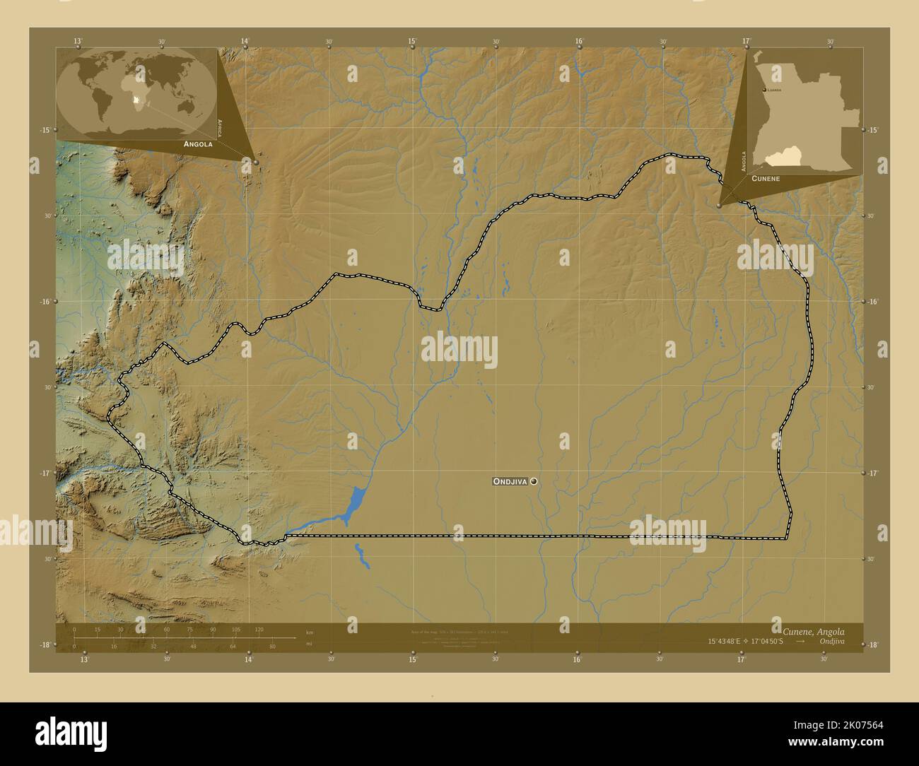 Cunene, province of Angola. Colored elevation map with lakes and rivers. Locations and names of ...