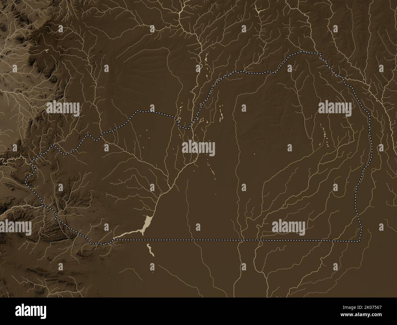 Cunene, province of Angola. Elevation map colored in sepia tones with lakes and rivers Stock ...
