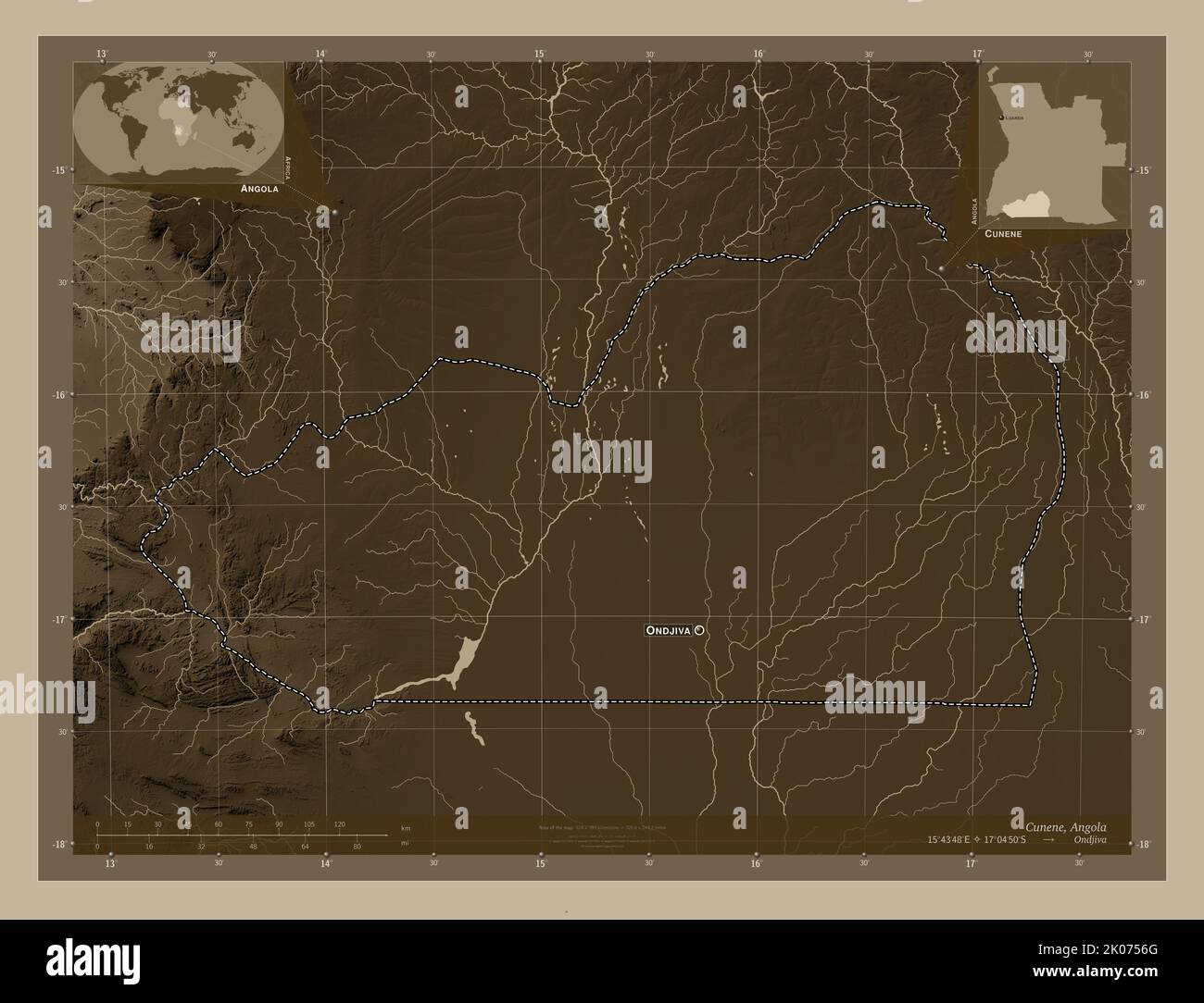 Cunene, province of Angola. Elevation map colored in sepia tones with lakes and rivers ...