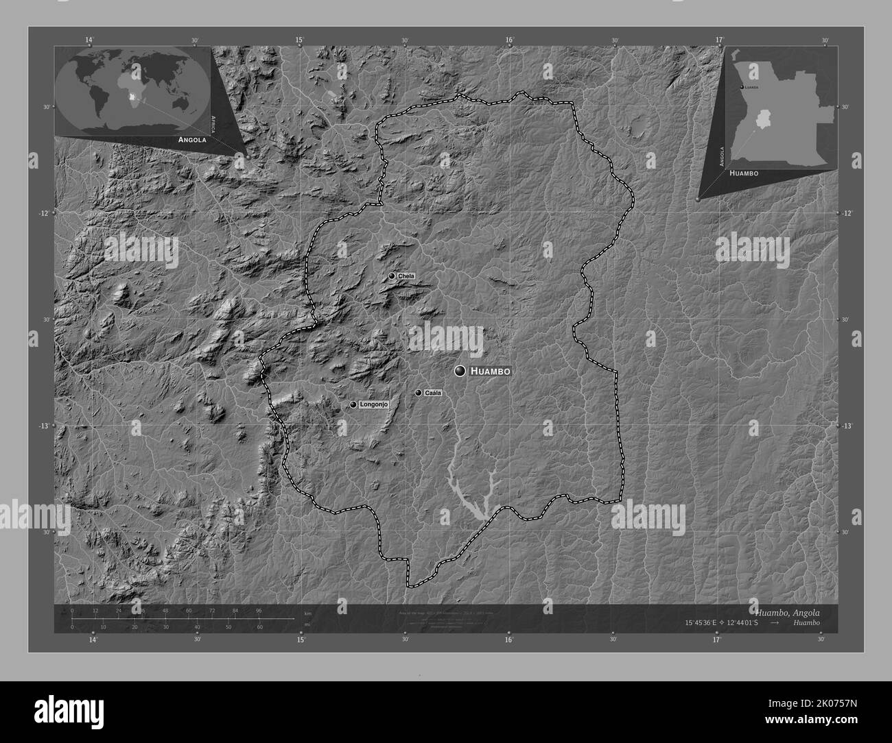 Huambo, province of Angola. Bilevel elevation map with lakes and rivers ...