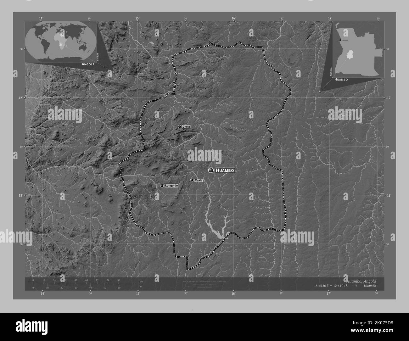 Huambo, province of Angola. Grayscale elevation map with lakes and ...