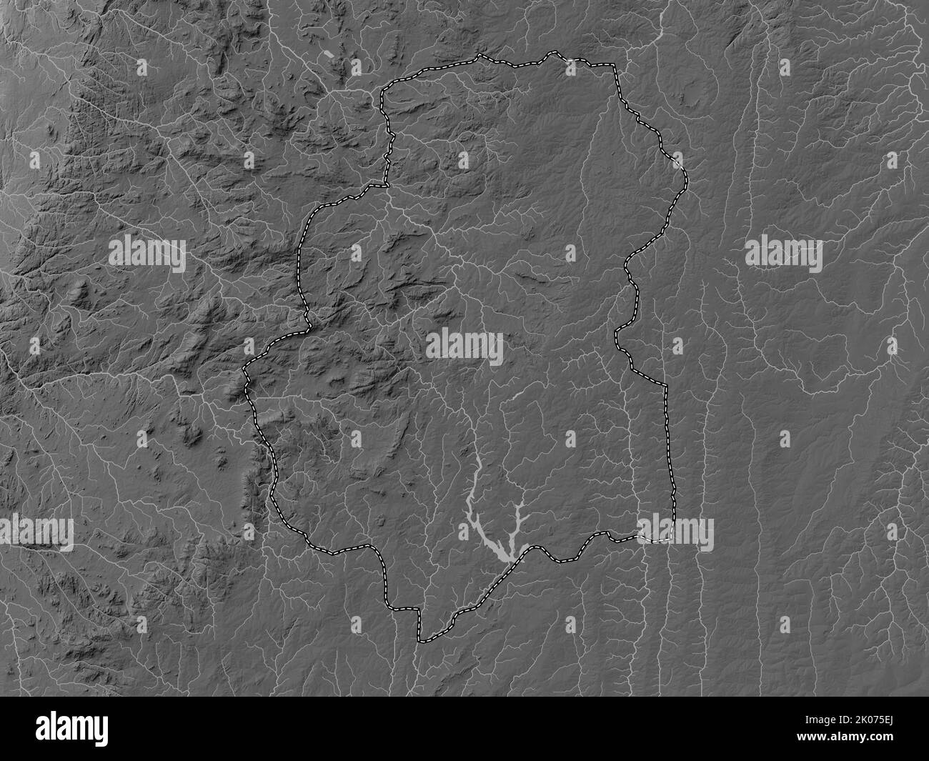 Huambo, province of Angola. Grayscale elevation map with lakes and ...