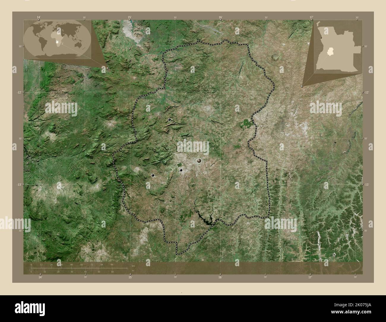 Huambo, province of Angola. High resolution satellite map. Locations of ...
