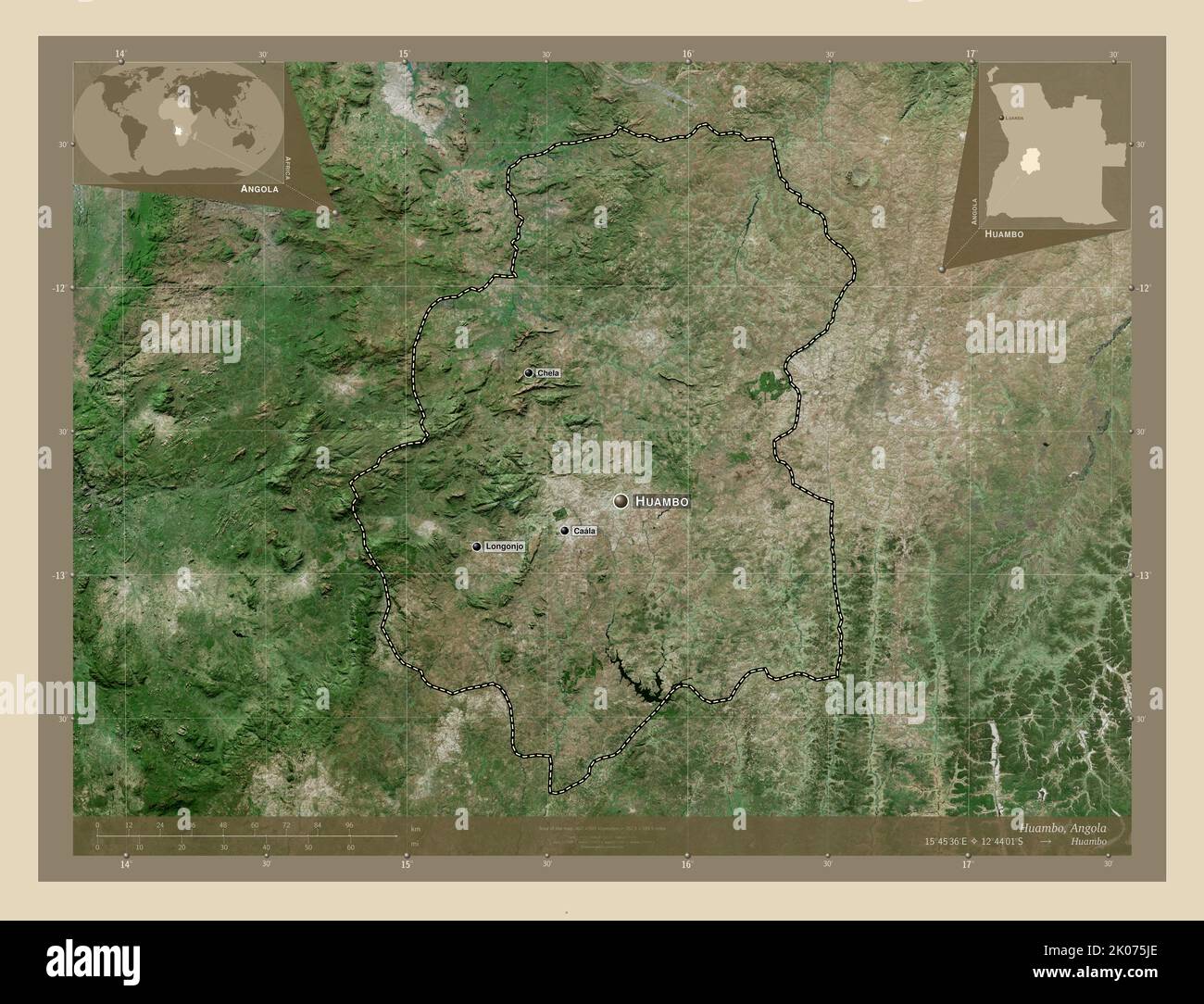 Huambo, province of Angola. High resolution satellite map. Locations ...