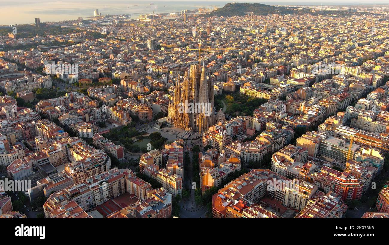 Aerial view of Barcelona city skyline and Sagrada Familia Cathedral ...