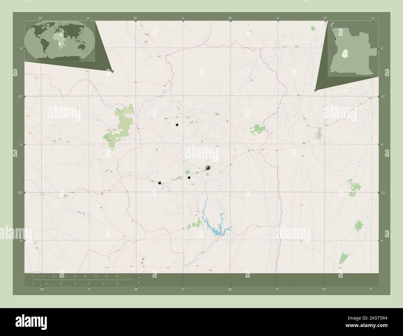 Huambo, province of Angola. Open Street Map. Locations of major cities ...