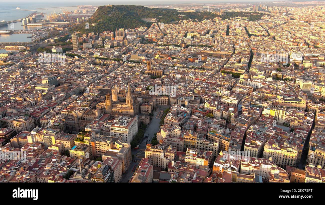 Aerial view of Barcelona skyline with Barcelona Cathedral and Gothic ...