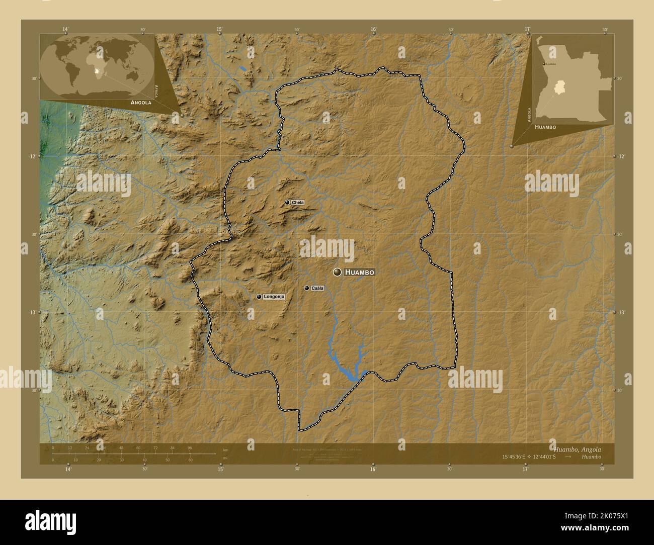 Huambo, province of Angola. Colored elevation map with lakes and rivers ...