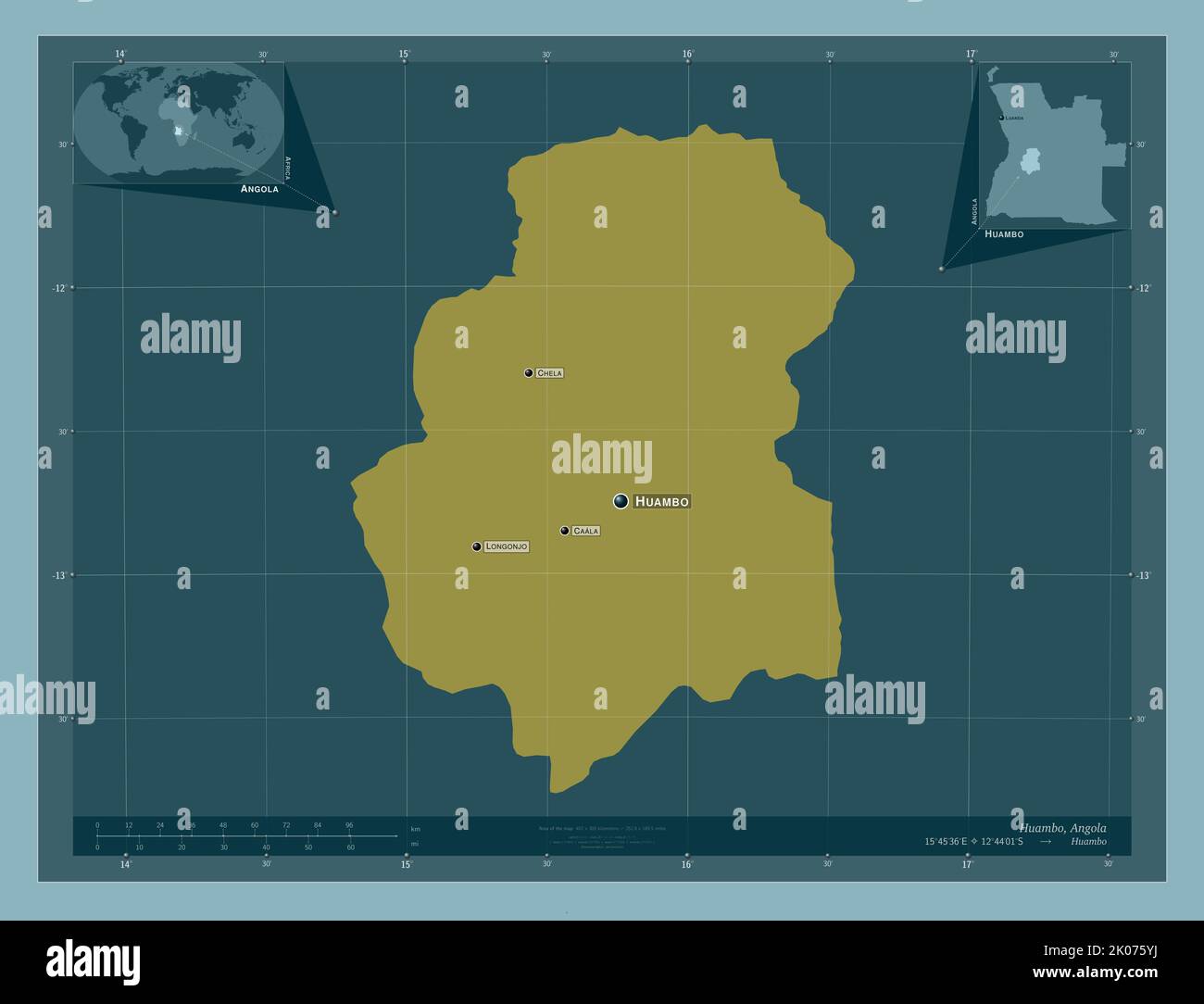 Huambo, province of Angola. Solid color shape. Locations and names of ...
