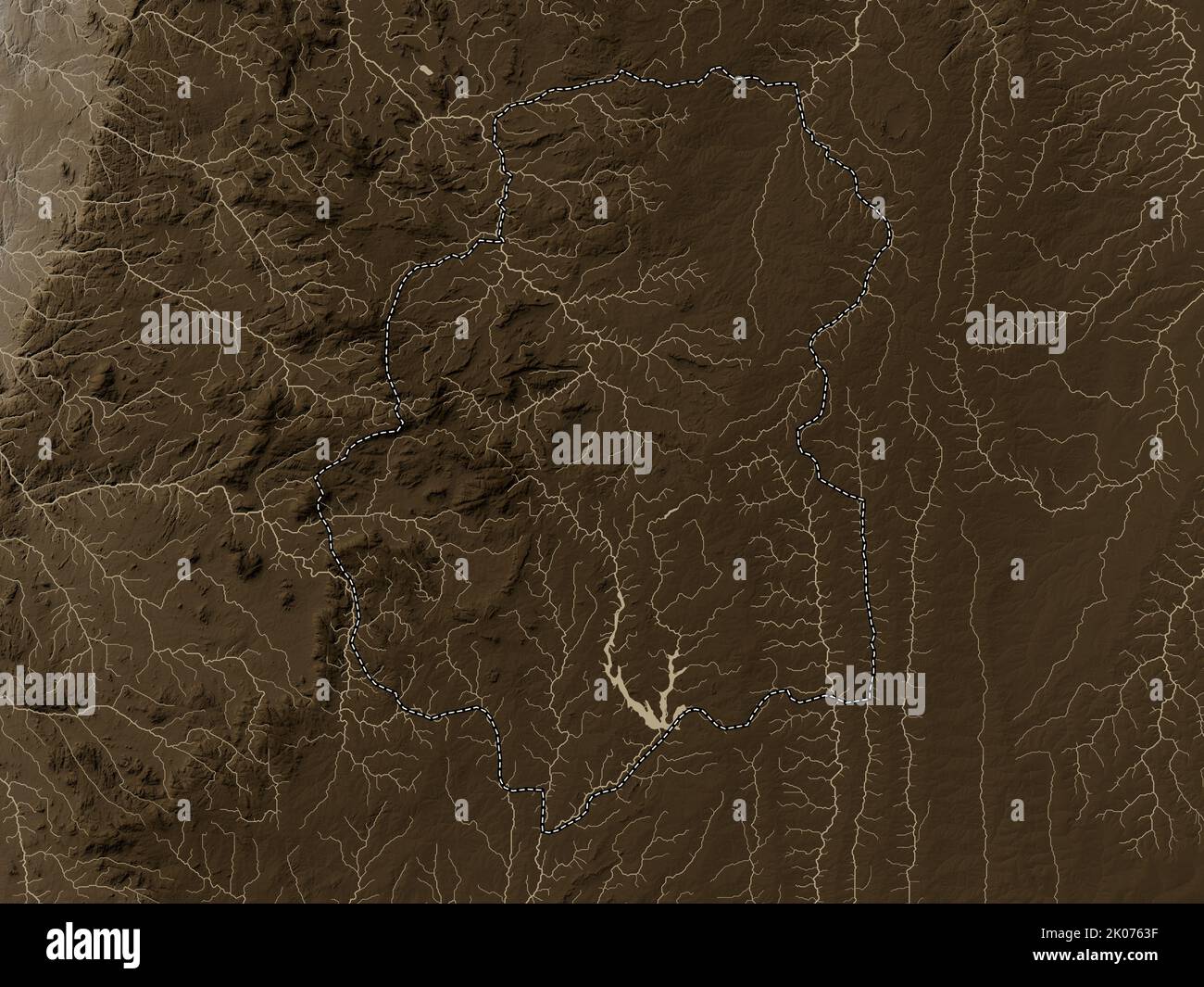 Huambo, province of Angola. Elevation map colored in sepia tones with lakes and rivers Stock ...