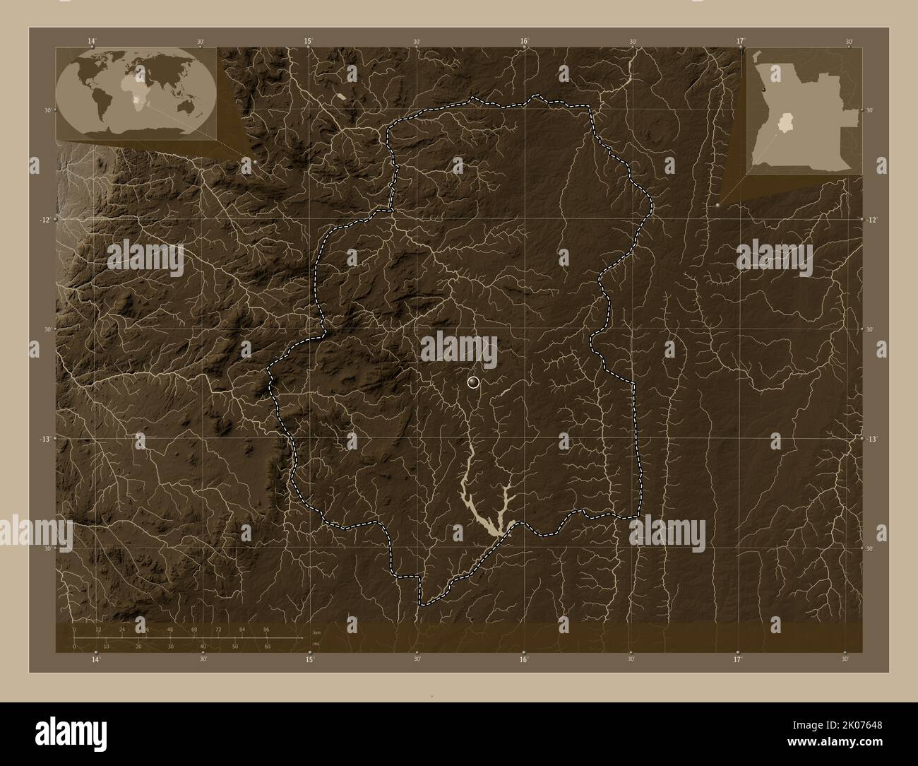 Huambo, province of Angola. Elevation map colored in sepia tones with lakes and rivers. Corner ...