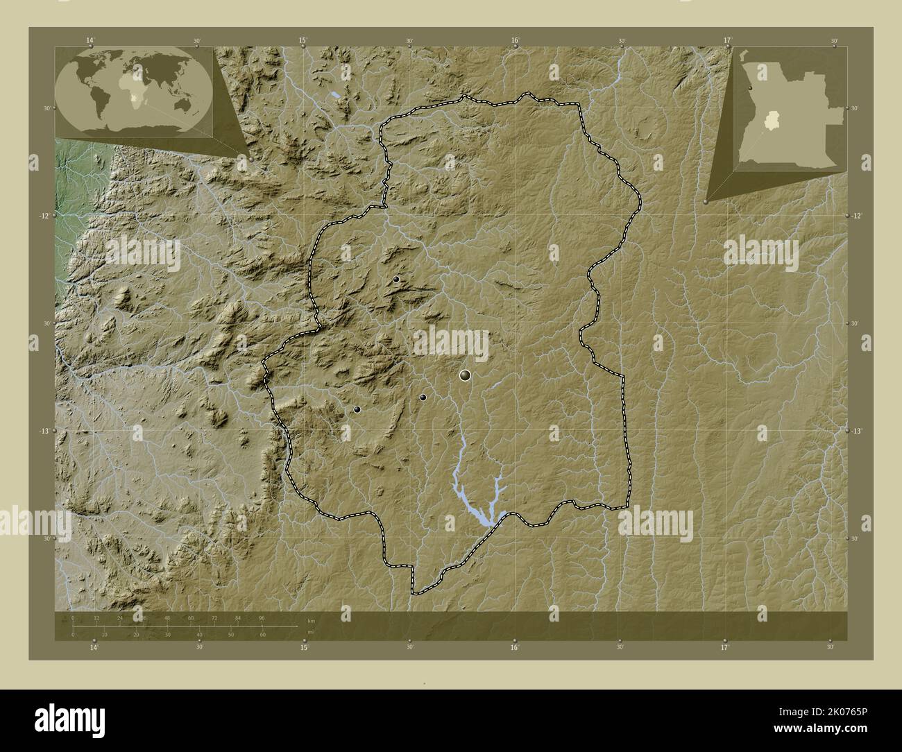 Huambo, province of Angola. Elevation map colored in wiki style with lakes and rivers. Locations ...