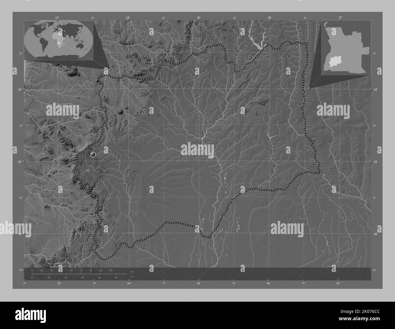 Huila, province of Angola. Grayscale elevation map with lakes and ...