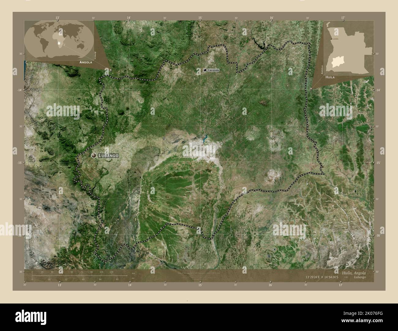 Huila, province of Angola. High resolution satellite map. Locations and ...
