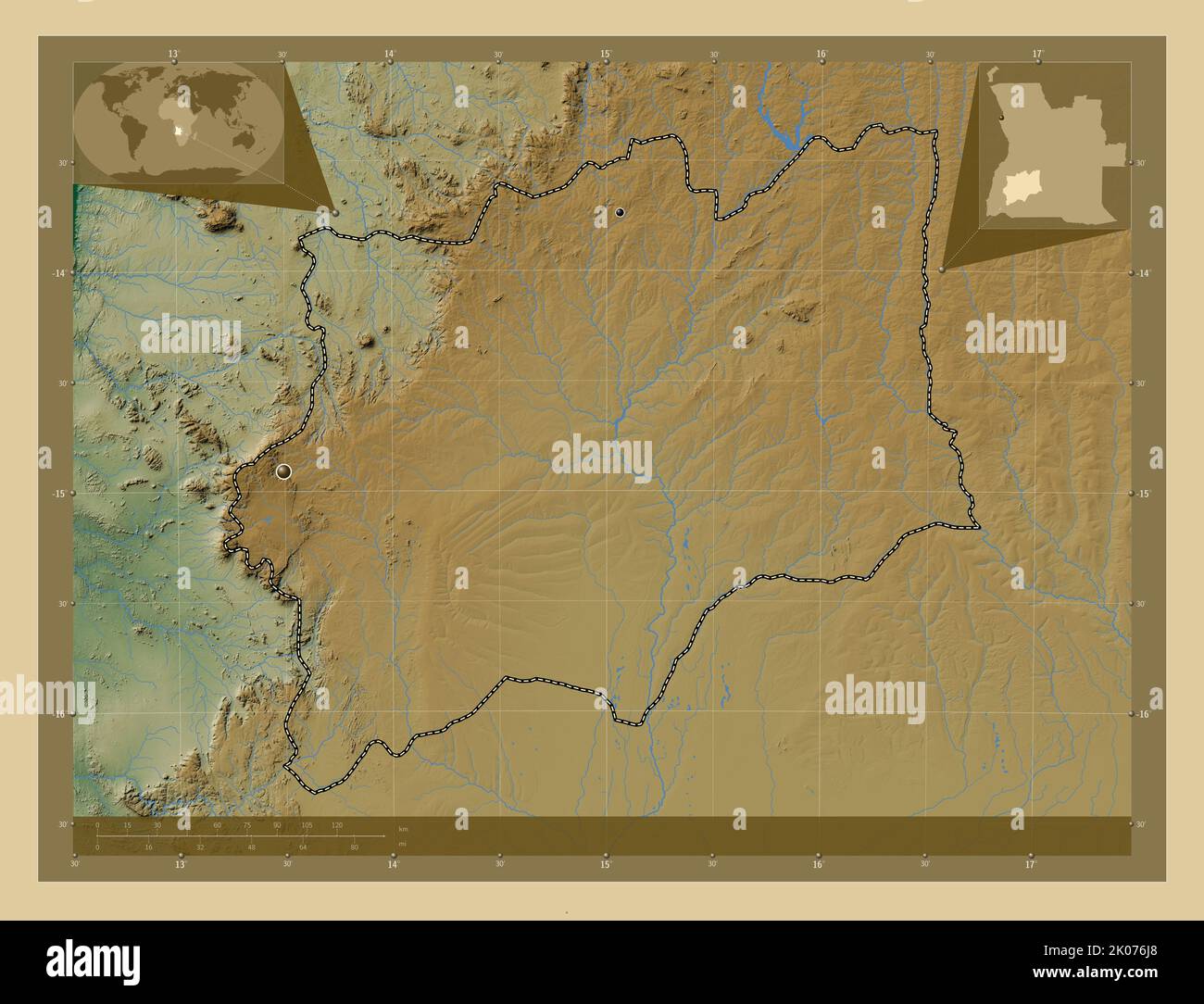 Huila, province of Angola. Colored elevation map with lakes and rivers ...