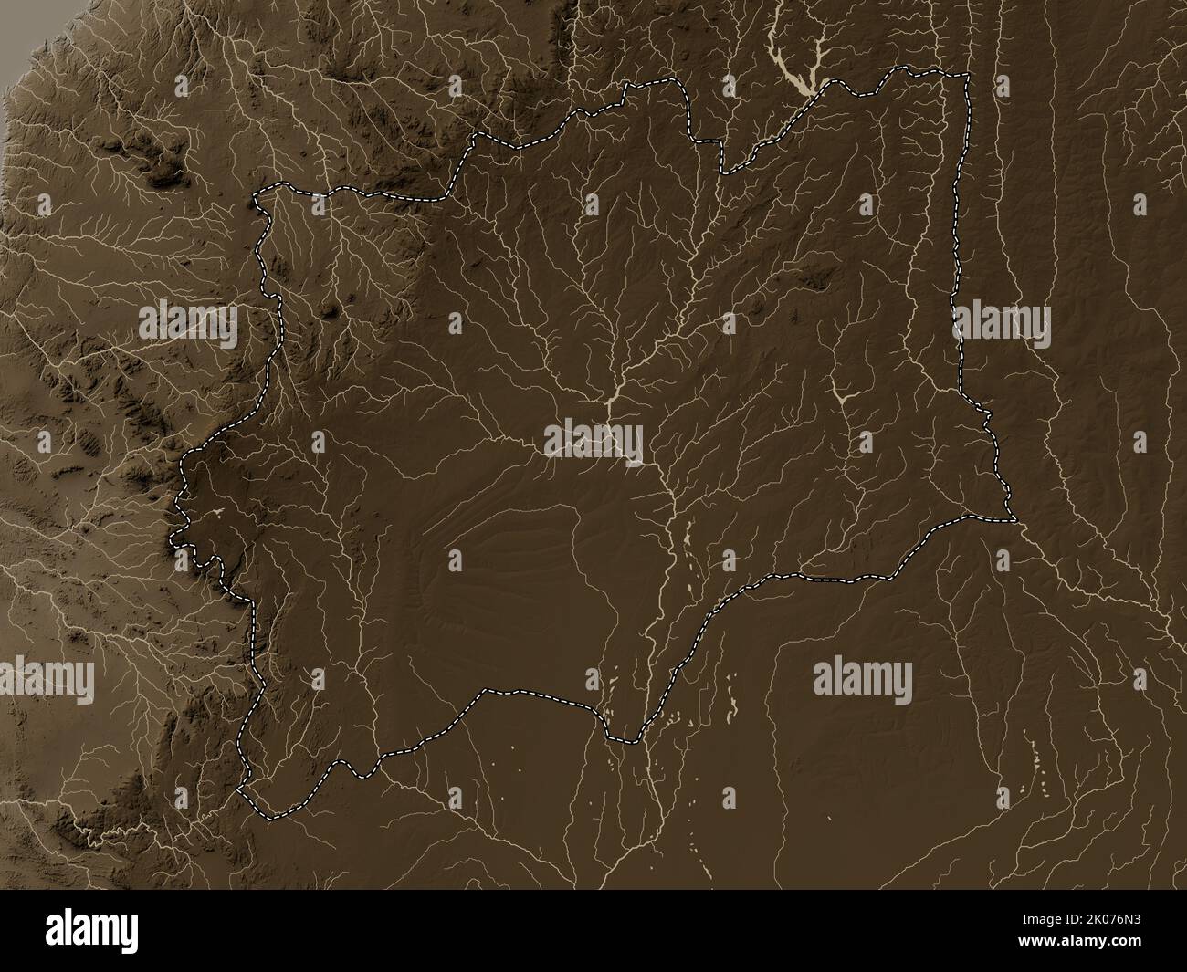 Huila, province of Angola. Elevation map colored in sepia tones with lakes and rivers Stock ...