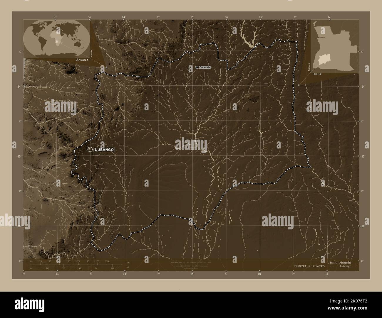 Huila, province of Angola. Elevation map colored in sepia tones with lakes and rivers. Locations ...