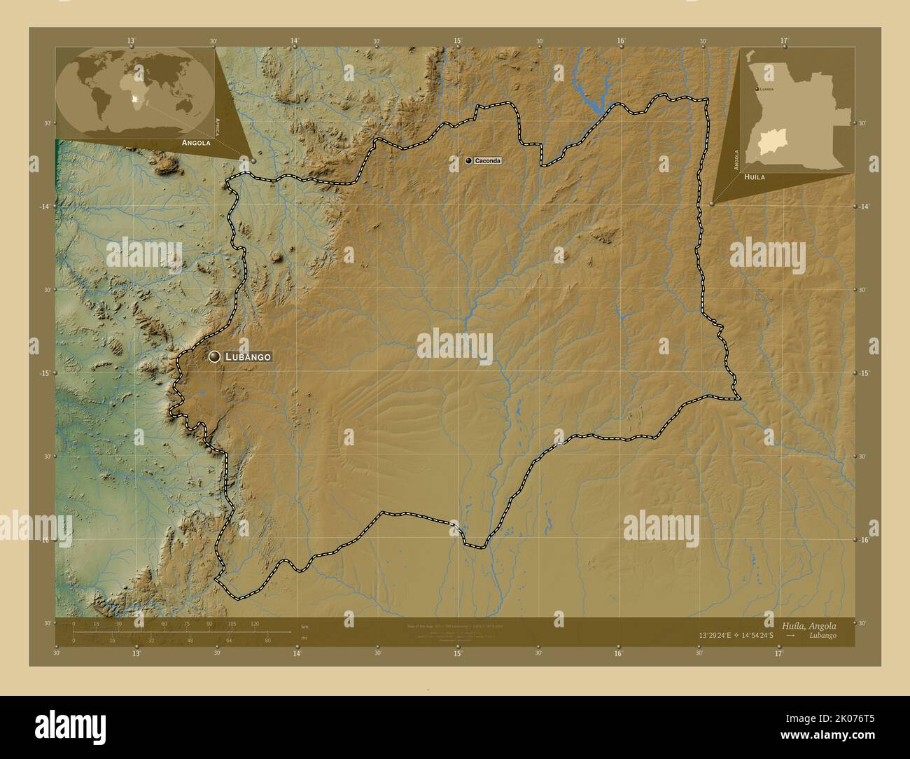 Huila, province of Angola. Colored elevation map with lakes and rivers. Locations and names of ...