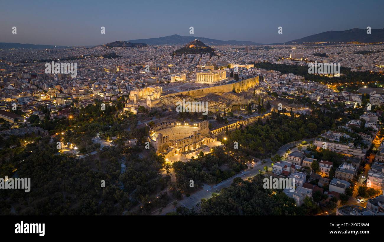Aerial view of the Acropolis of Athens, Greece at dusk Stock Photo - Alamy