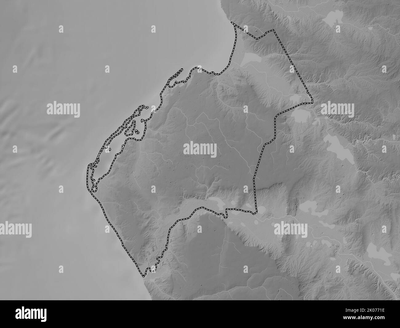 Luanda, province of Angola. Grayscale elevation map with lakes and ...